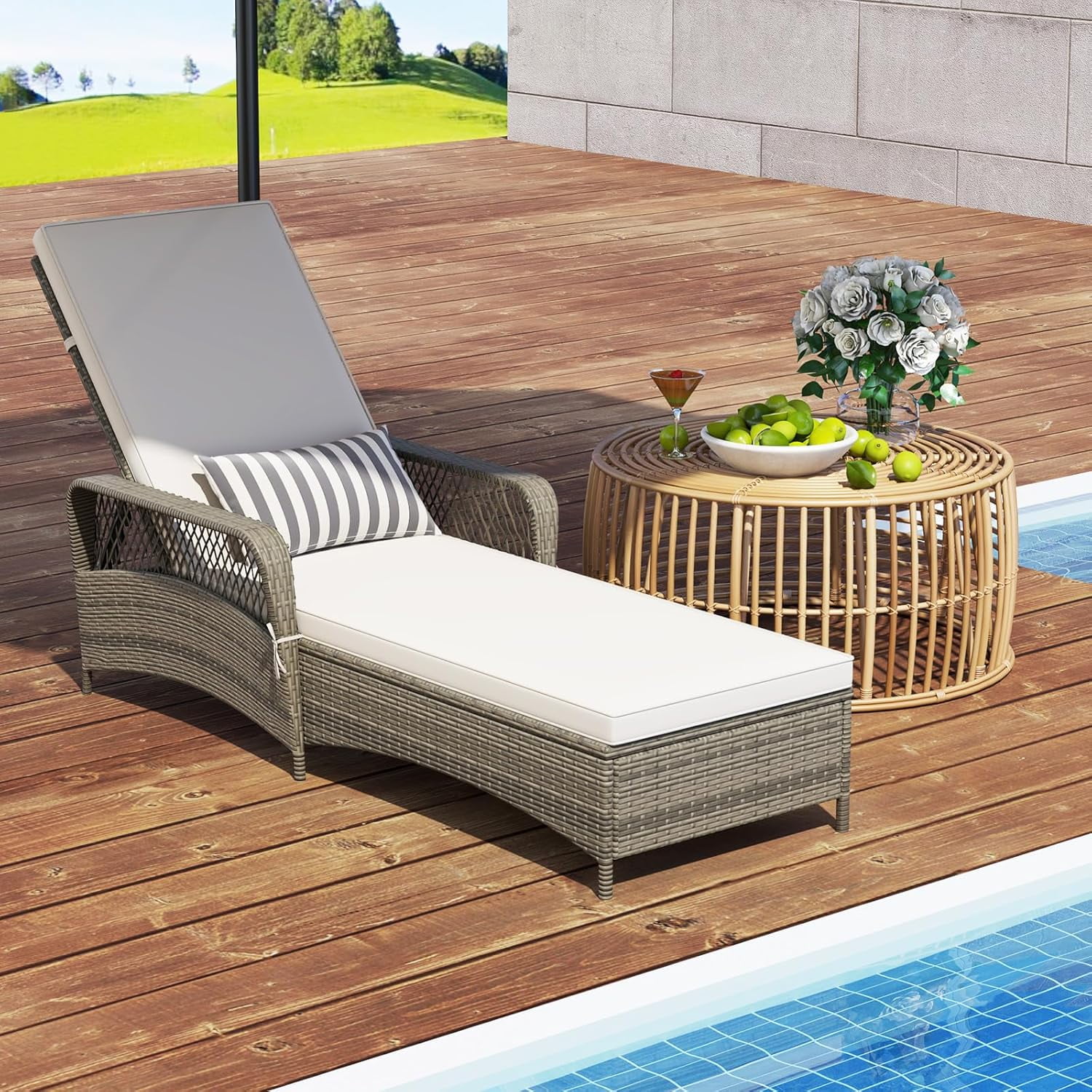 Wicker Chaise Lounge Chair Outdoor, Patio Rattan Recliner with 6 ...