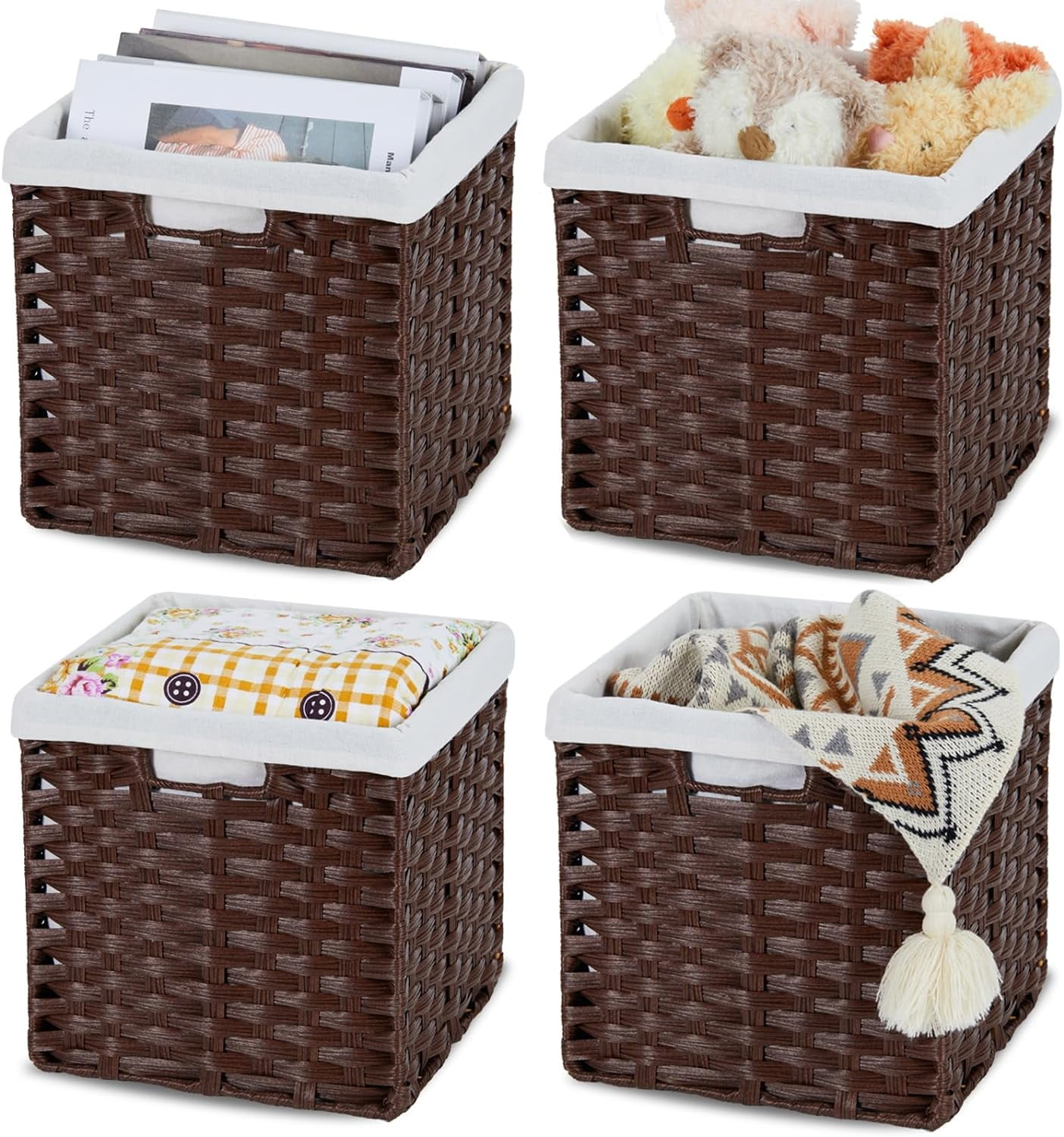 Wicker Cube Storage Bins with Liners 11x11 inch Woven Baskets for ...