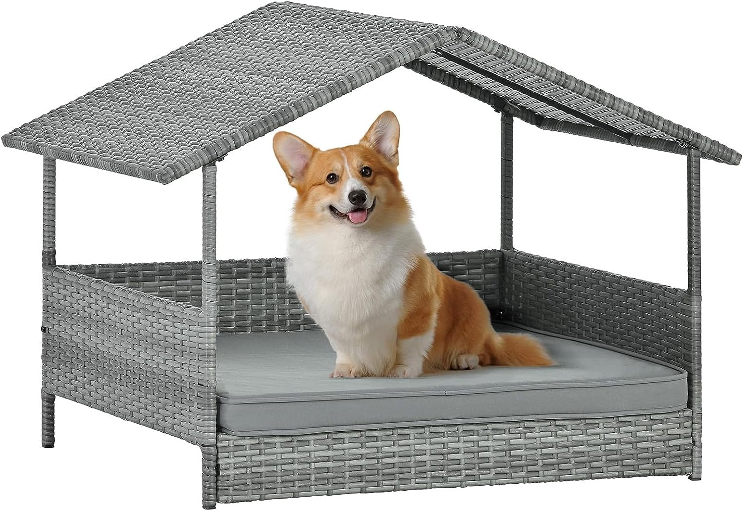 Wicker Dog House with Canopy, 32" Outdoor Elevated Rattan Dog Bed with ...