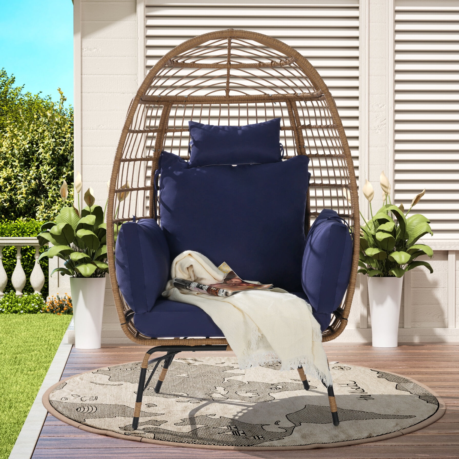 Wicker Egg Chair, Egg Basket Lounge Chair with with Cushion and Pillow ...