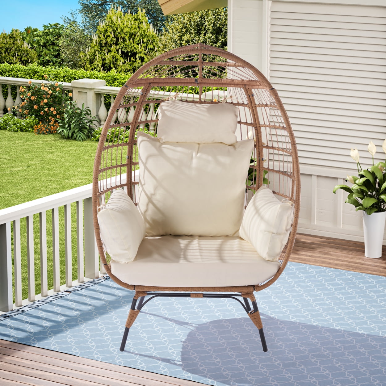 Wicker Egg Chair, Outdoor Egg Lounge Chair, Modern Rattan Chair with 5 ...