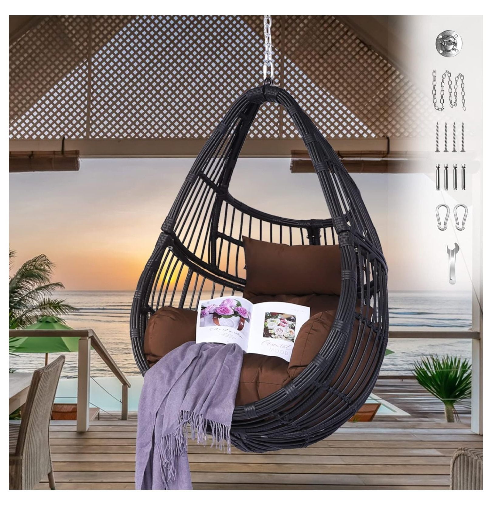 Wicker Egg Chair with Hanging Kit Set & Seat Cushion and Pillow, Rattan ...