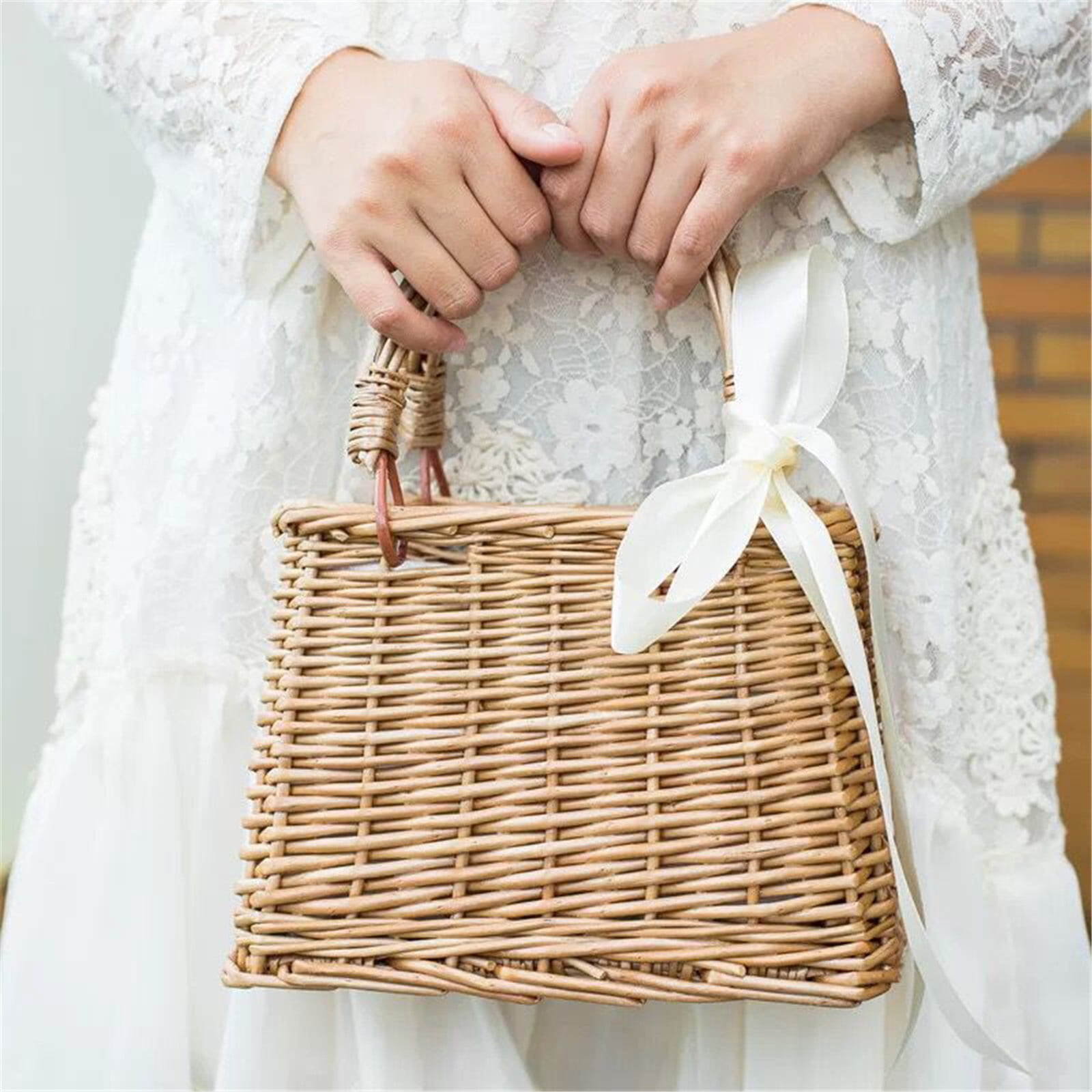 Wicker Handbag, Woven Rattan Storage Basket, Top Handles Wedding Flower ...