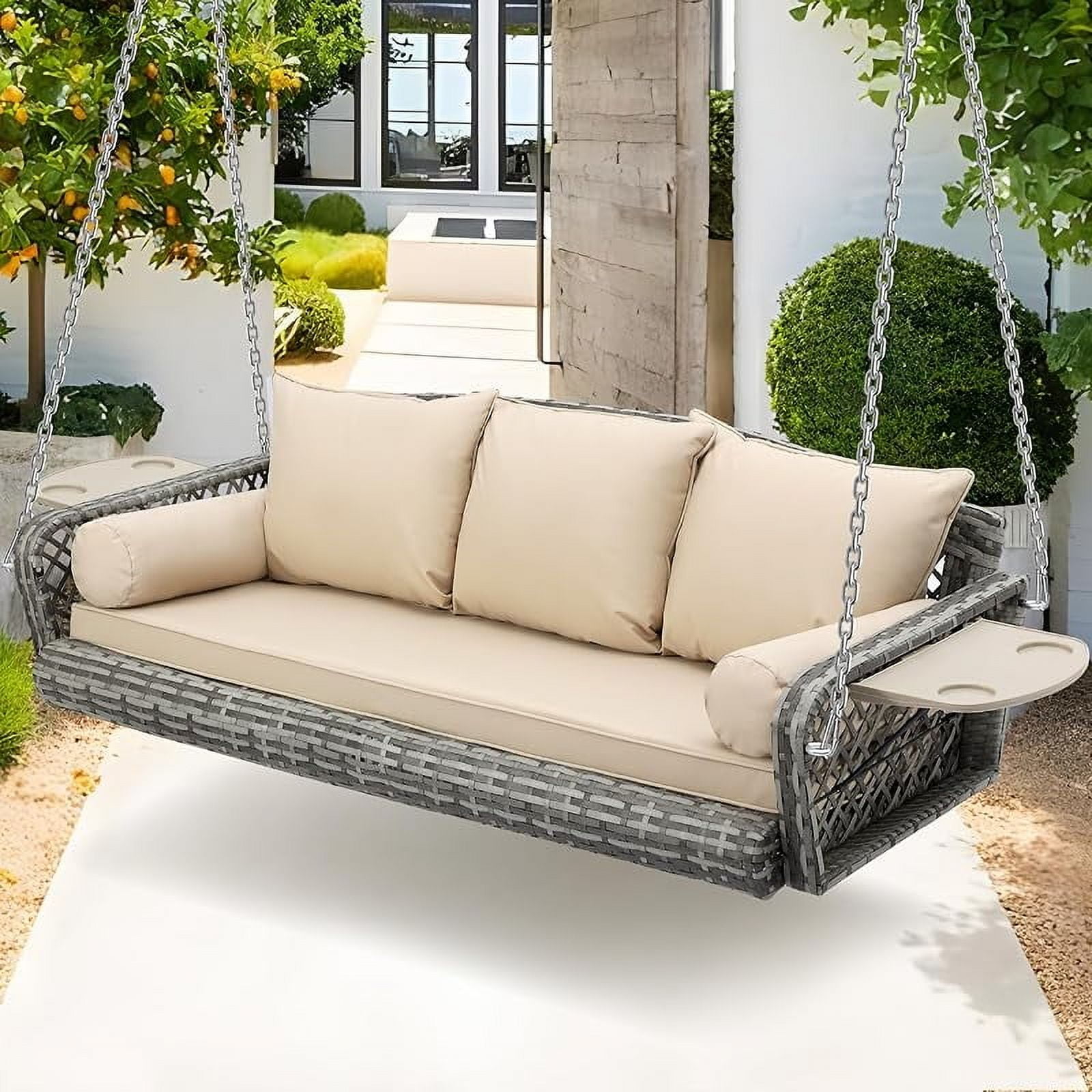 Wicker Hanging Porch Swing - Outdoor 3 Person Patio Swing Bench with Cushion & Chains - 3-Seat ...