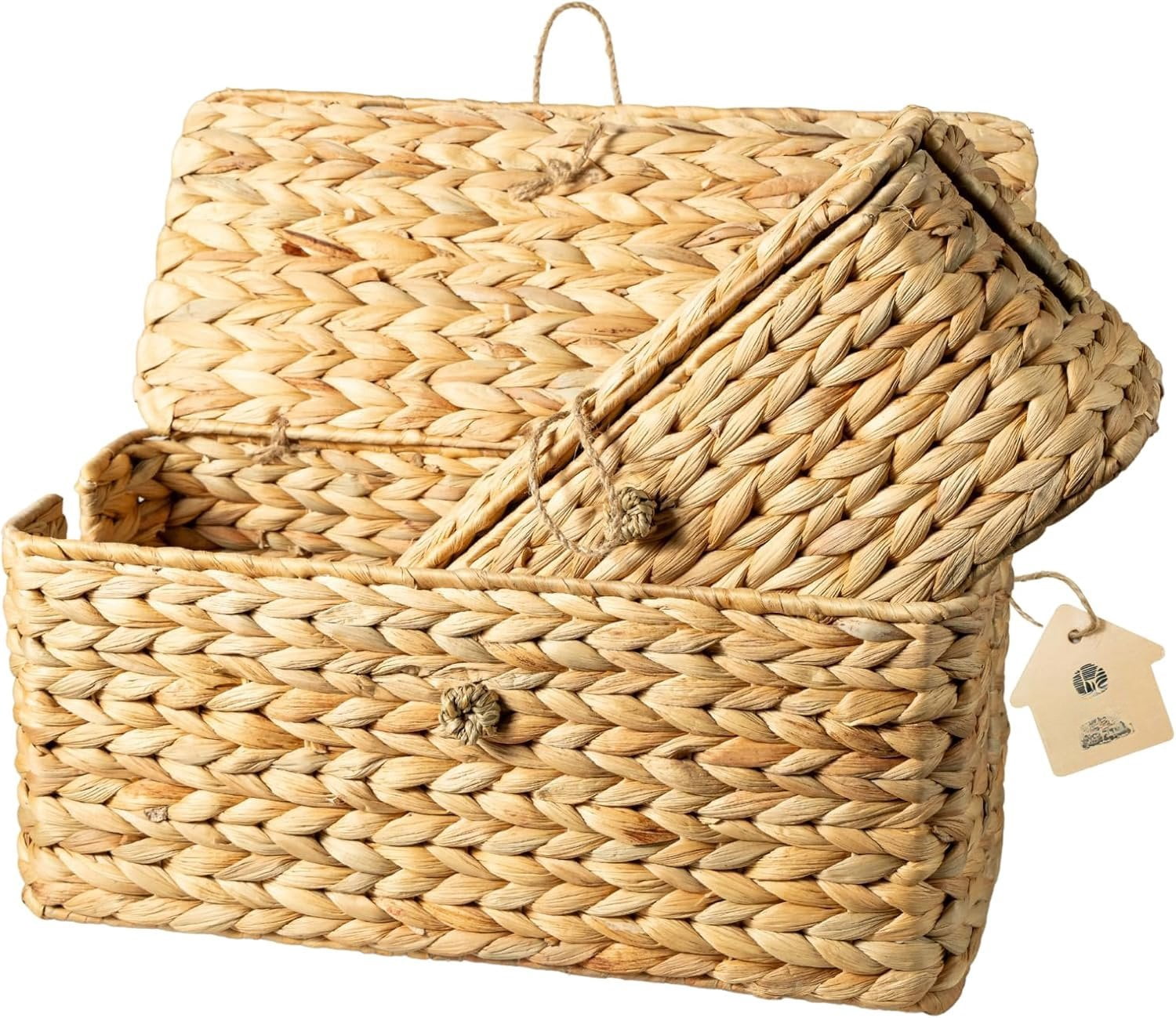 Wicker Management Box with Lid, Set of 2 Handwoven Water Hyacinth Cords ...