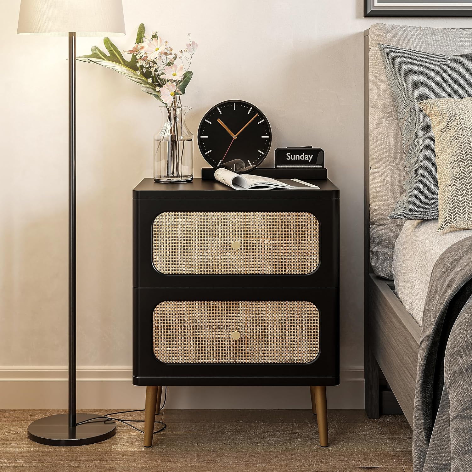 Wicker Nightstand 2-Drawer End Finish Side for Small Spaces Farmhouse ...