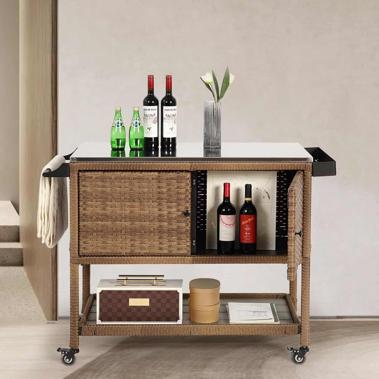 Wicker Outdoor Bar Cart with 4 Lockable Casters Prep Stainless with 2 ...