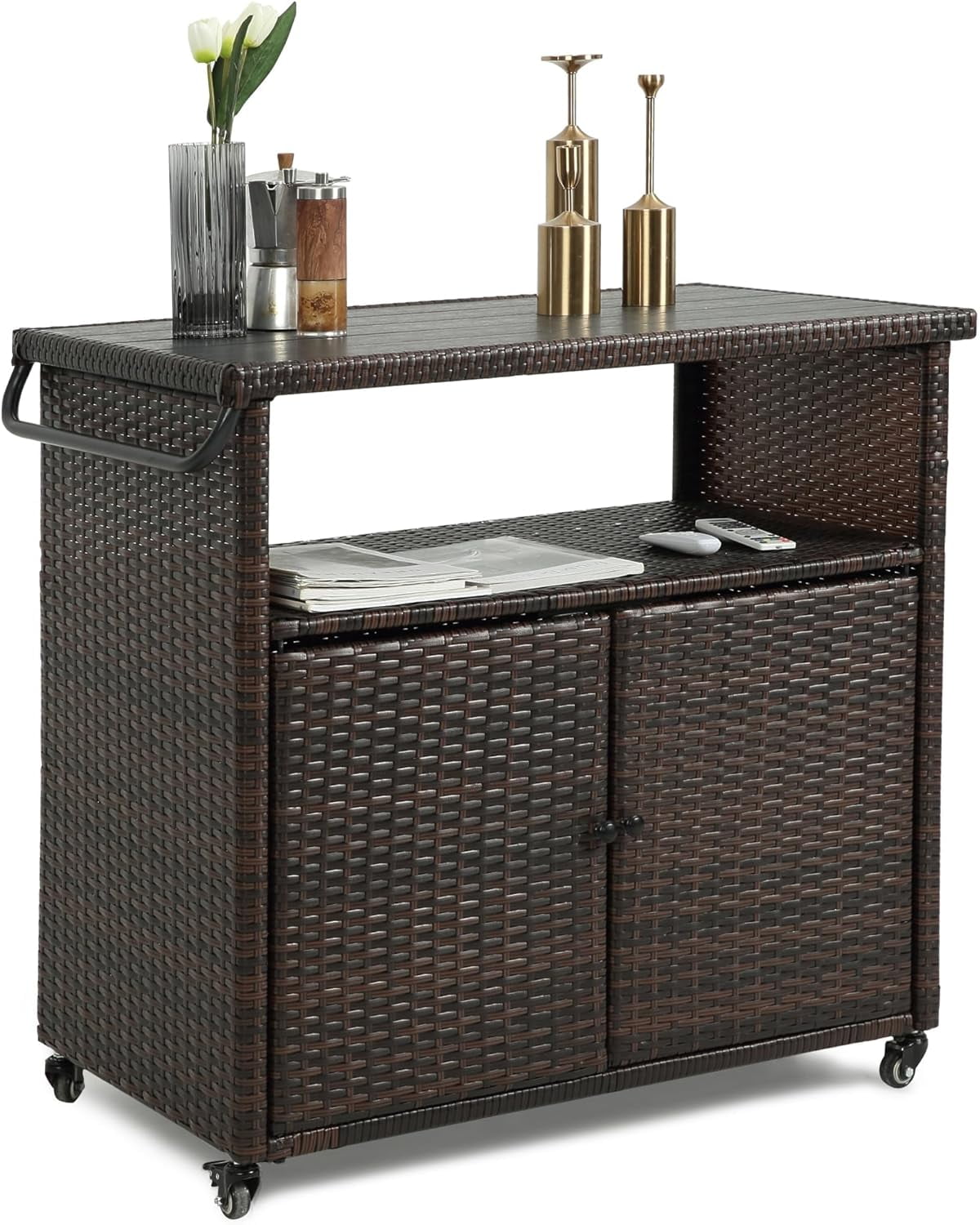 Wicker Outdoor Bar Cart - Brown Patio Console Storage Table Buffet ...