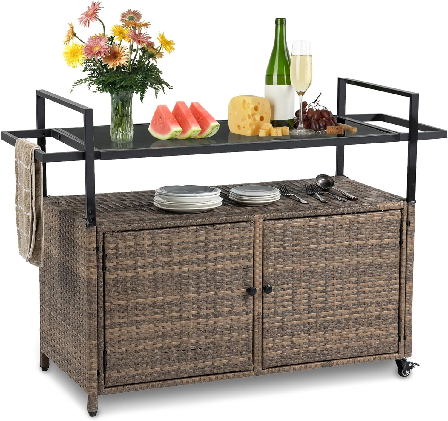 Wicker Outdoor Bar Cart - Brown Patio Console Storage Table Buffet ...