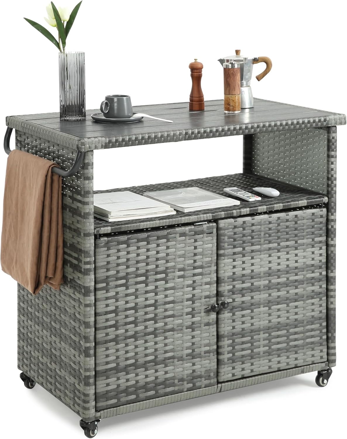 Wicker Outdoor Bar Cart - Gray Gradient Patio Console Storage Table ...