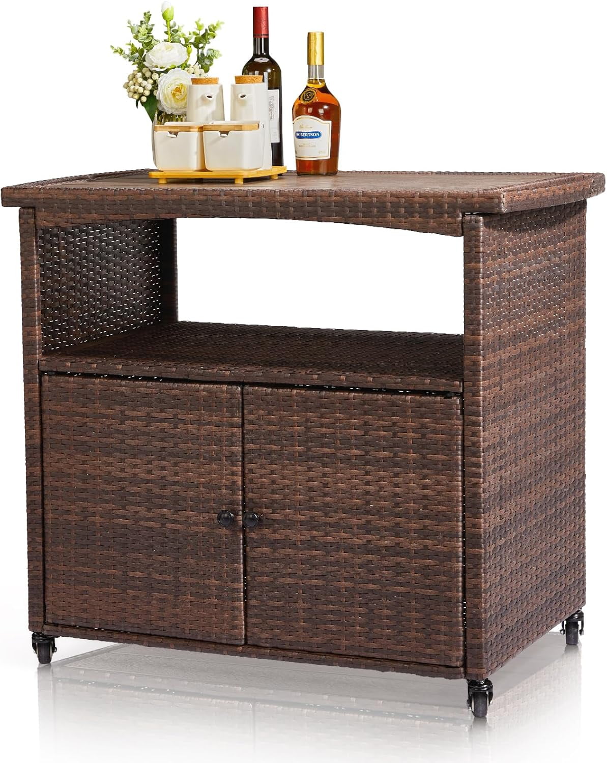 Wicker Outdoor Bar Cart with Storage & Rolling Wheels, Patio Bar Table ...