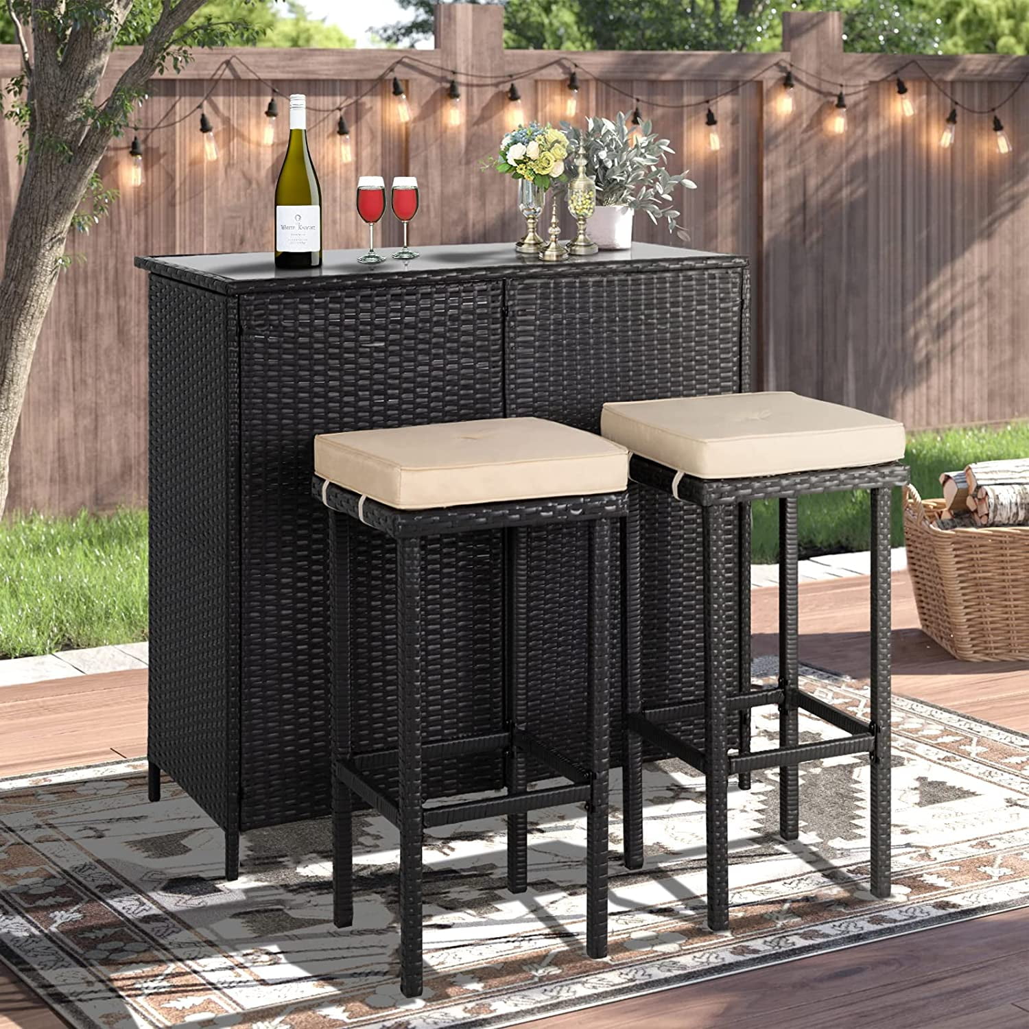 Wicker Outdoor Furniture Bar Set, Stools and Glass Top Table, Storage ...