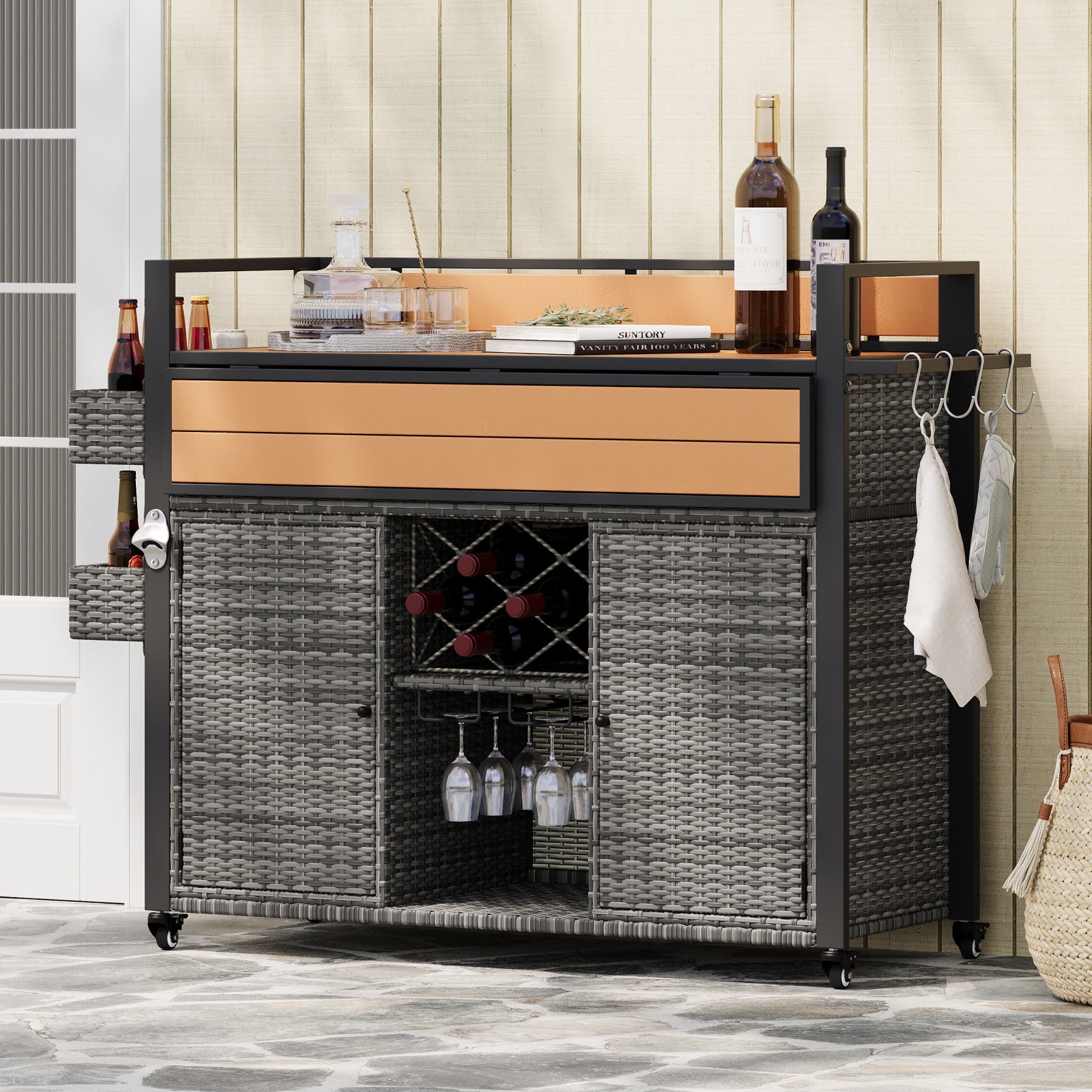 Wicker Outdoor Grill Cart, Rolling Kitchen Island on Wheels with ...
