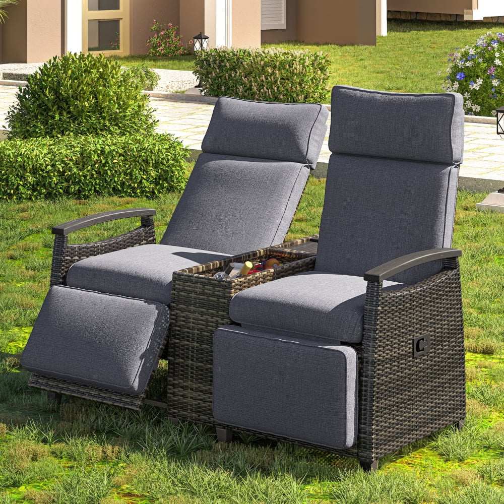 Wicker Outdoor Lounge Chair Set With Adjustable Backrest, Acacia Wood ...
