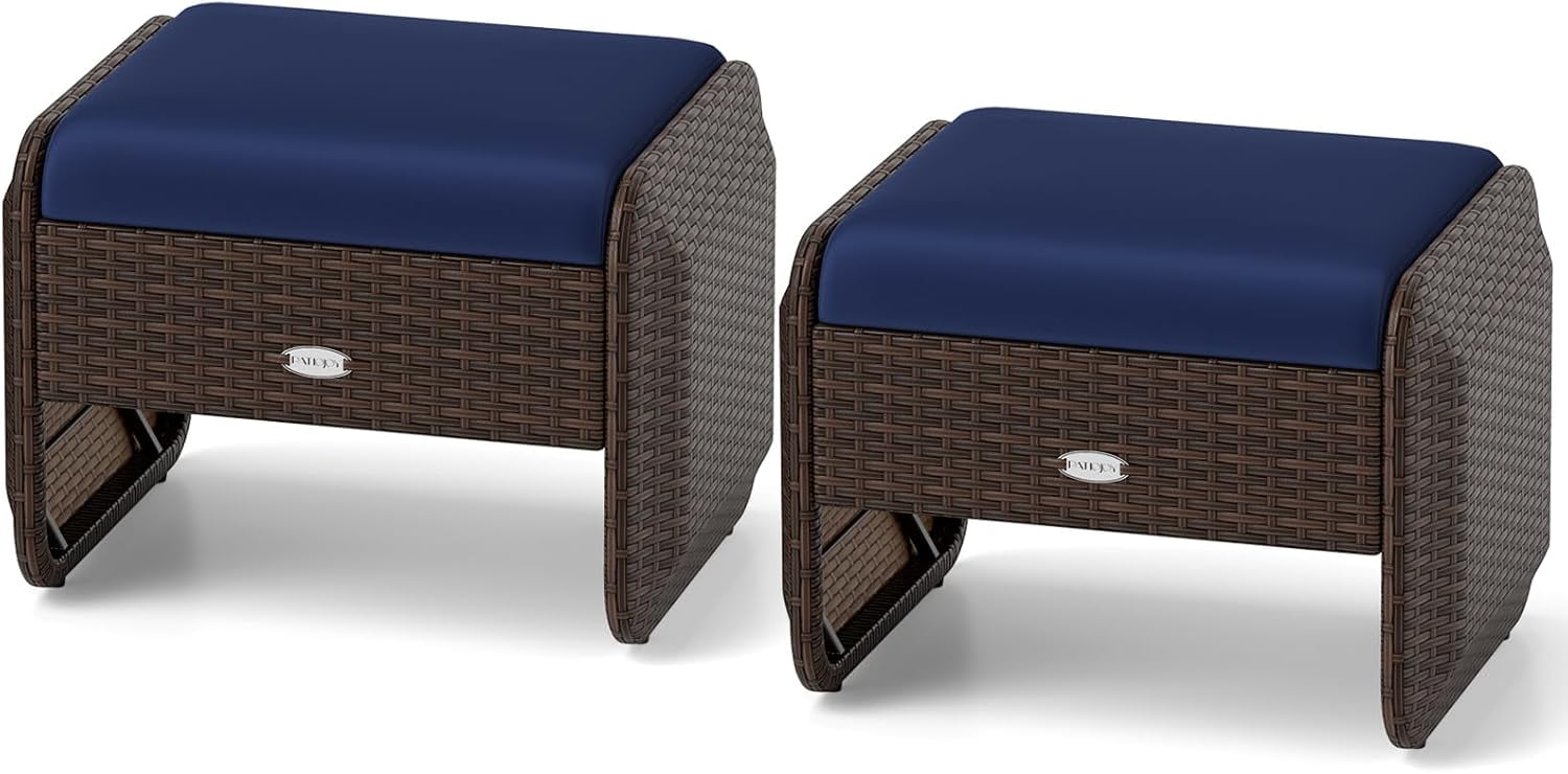 Wicker Outdoor Ottomans for S - 2-Piece Rattan Footstools w/Removable ...