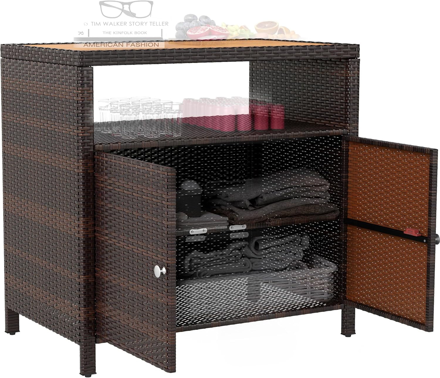 Wicker Outdoor Storage Cabinet, Rattan Outdoor Bar Table with Acacia ...