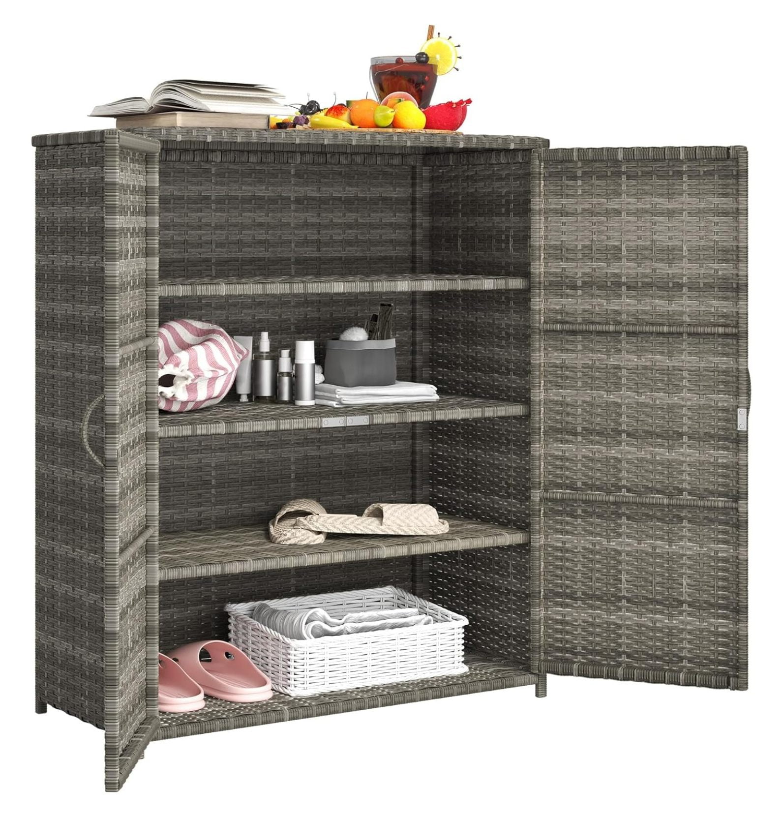 Wicker Outdoor Storage Cabinet with Shelves, 4-Shelf Outdoor Pool Towel ...