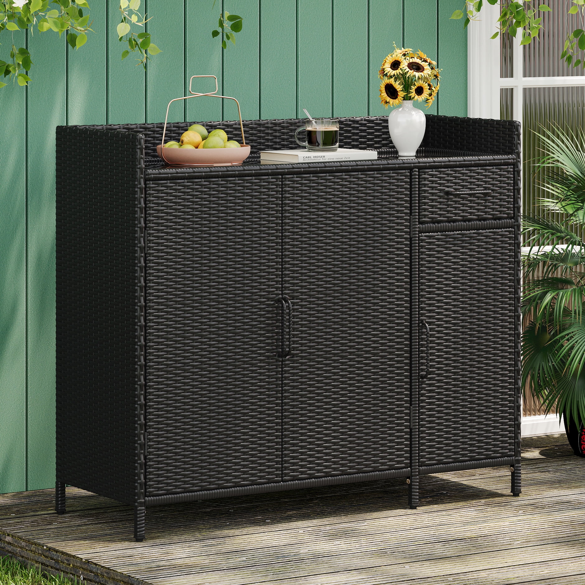 Wicker Outdoor Storage Cabinet with Tempered Glass Desktop, Weather ...