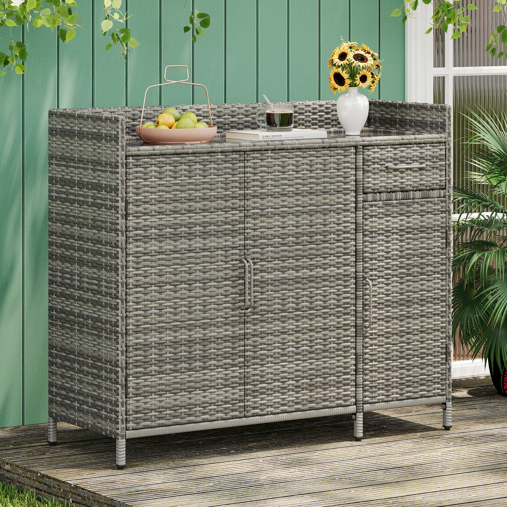 Wicker Outdoor Storage Cabinet with Tempered Glass Desktop, Weather ...