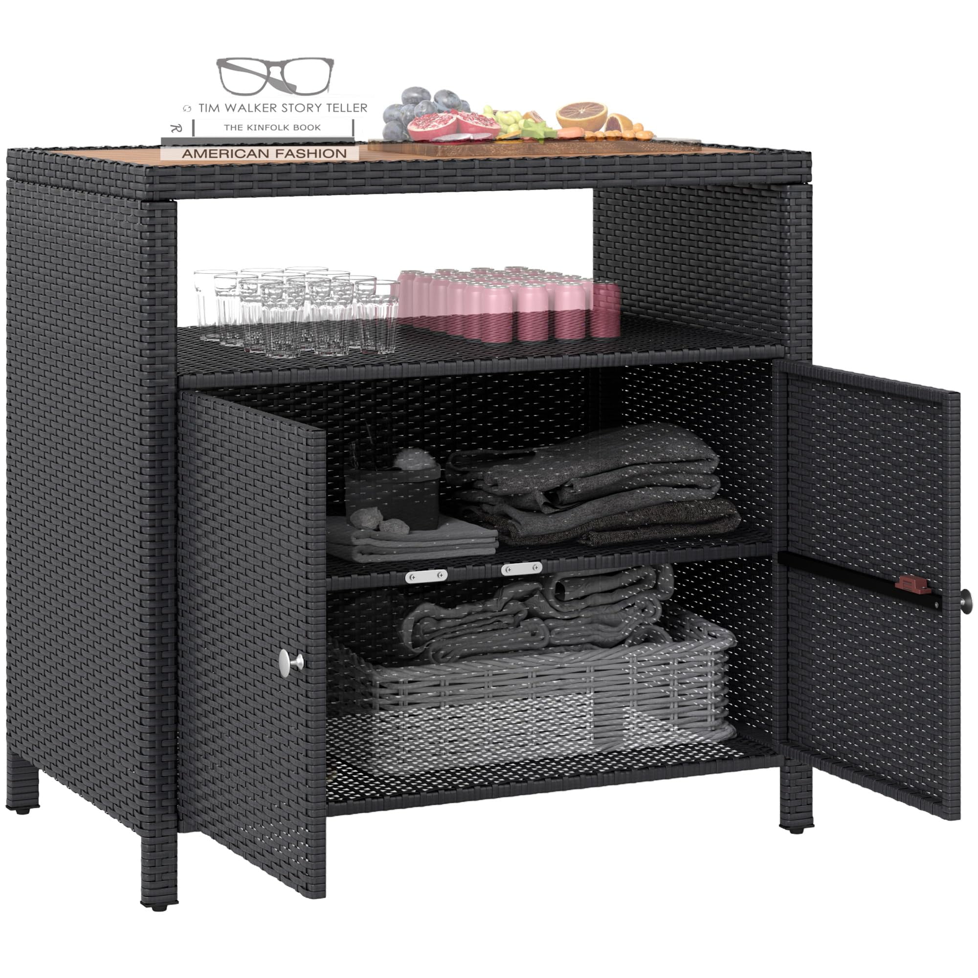 Wicker Outdoor Storage Cabinet with Acacia Wood Top, 2 Doors and Shelf ...