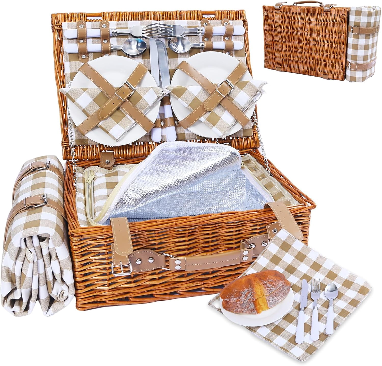 Wicker Picnic Basket for 4 with Insulated Cooler & Waterproof Blanket ...