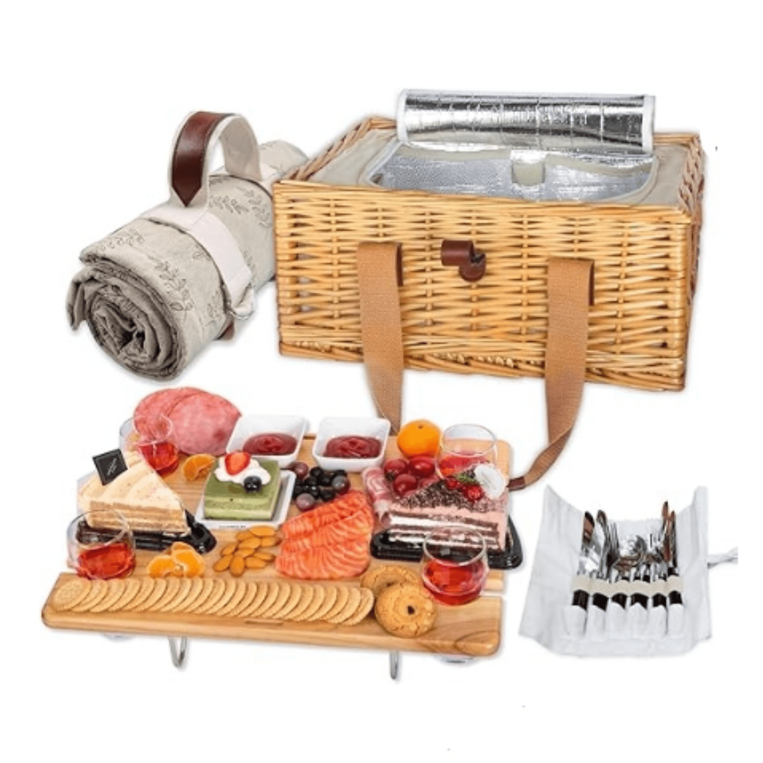 Wicker Picnic Basket for 4 with Mini Folding Wine Picnic Table & Large ...