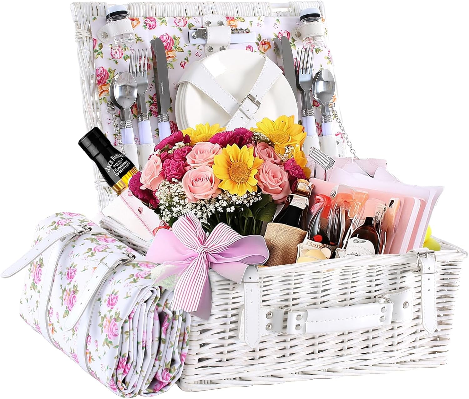 Wicker Picnic Basket for 4 with Waterproof Picnic Blanket and Insulated ...