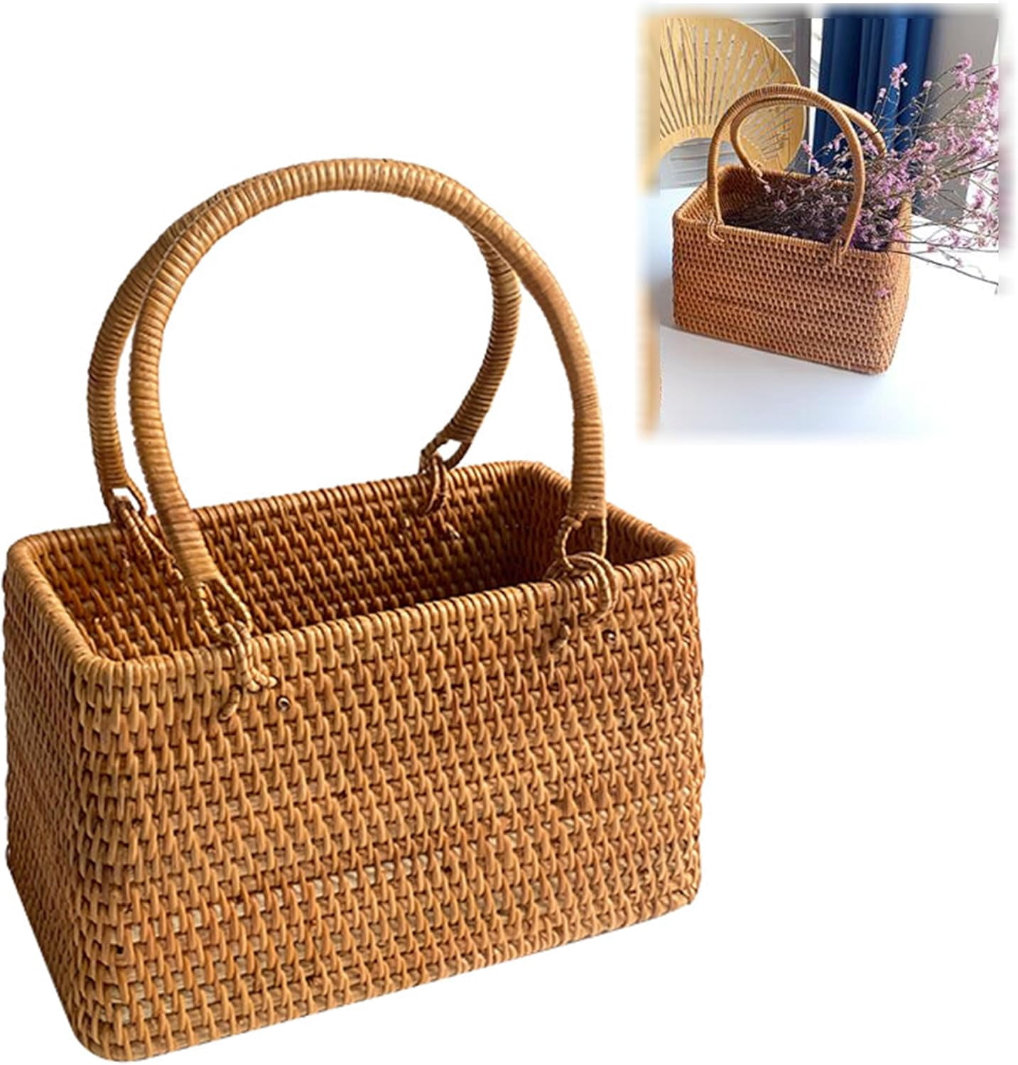 Wicker Picnic Basket with Double Folding Handles: Handmade Woven Picnic ...