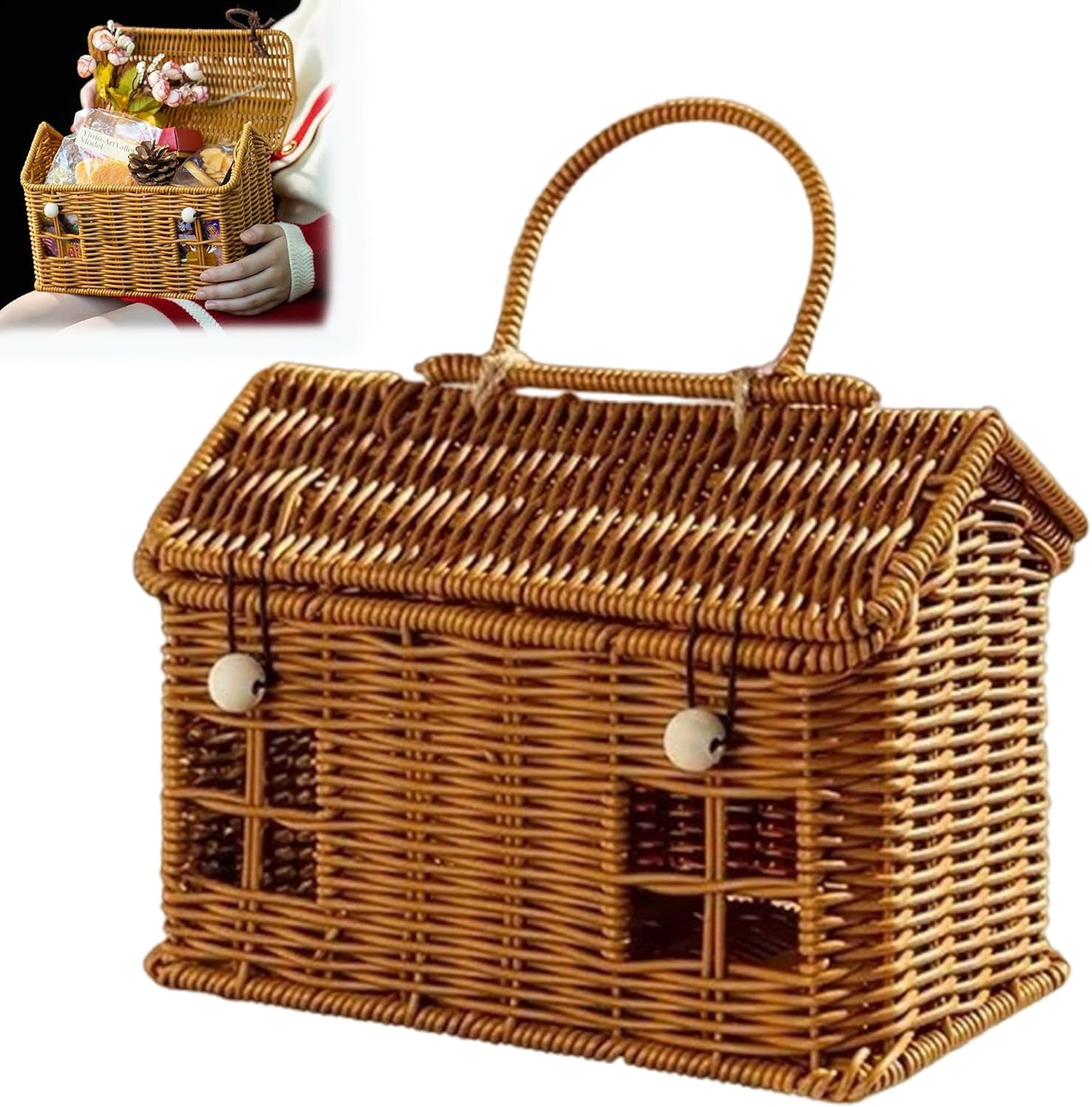 Wicker Picnic Basket: Empty Picnic Baskets with Lid, House Shaped Woven ...