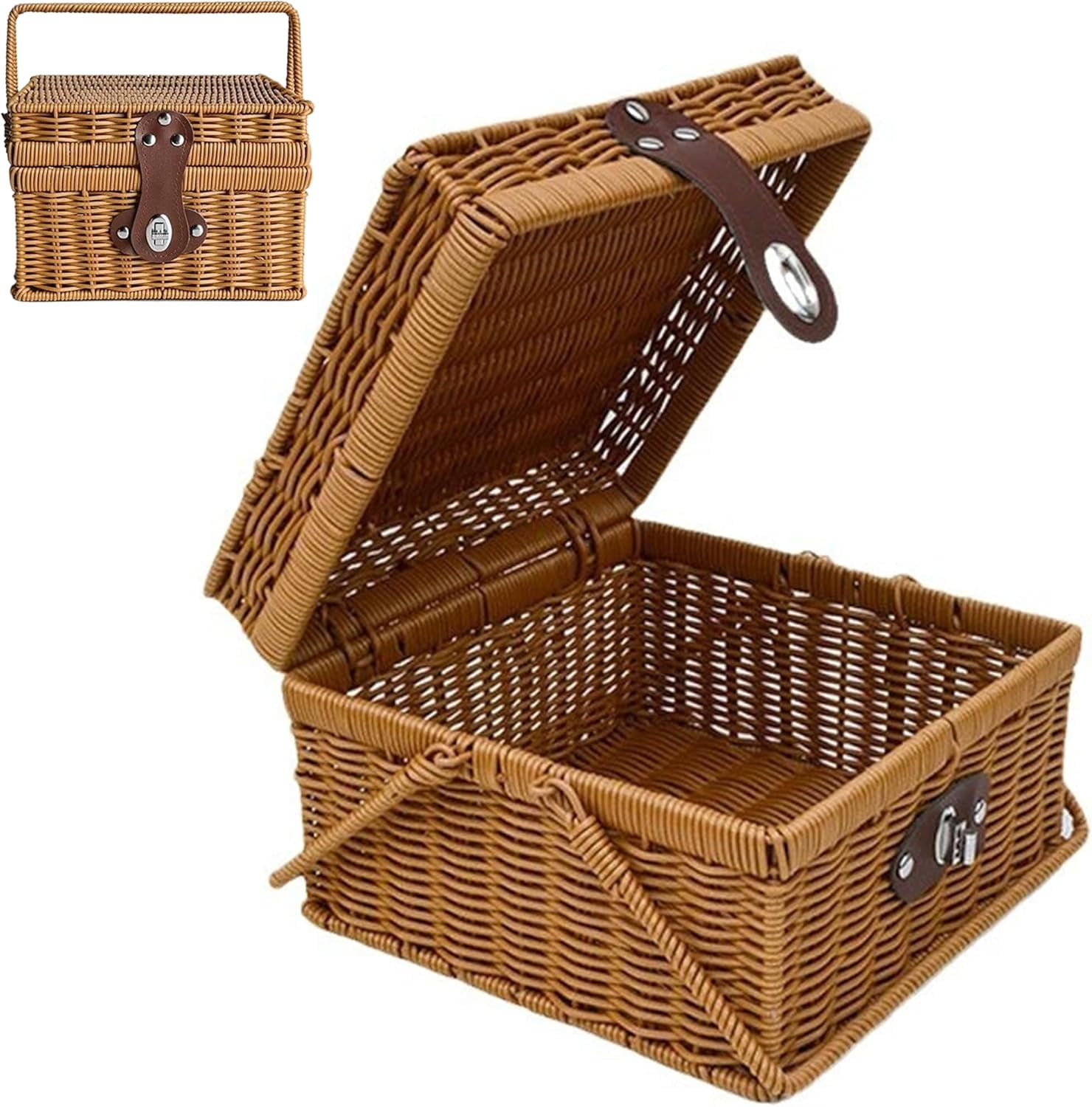 Wicker Picnic Basket with Lid: Woven Storage Basket, Plastic Rattan ...
