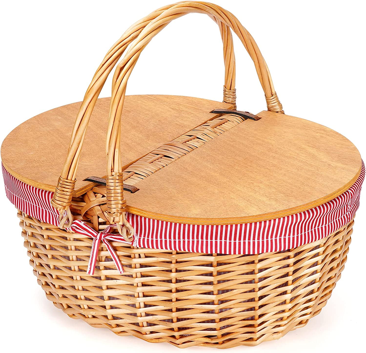 Wicker Picnic Basket with Liner, Wooden Split Lid Picnic Basket ...