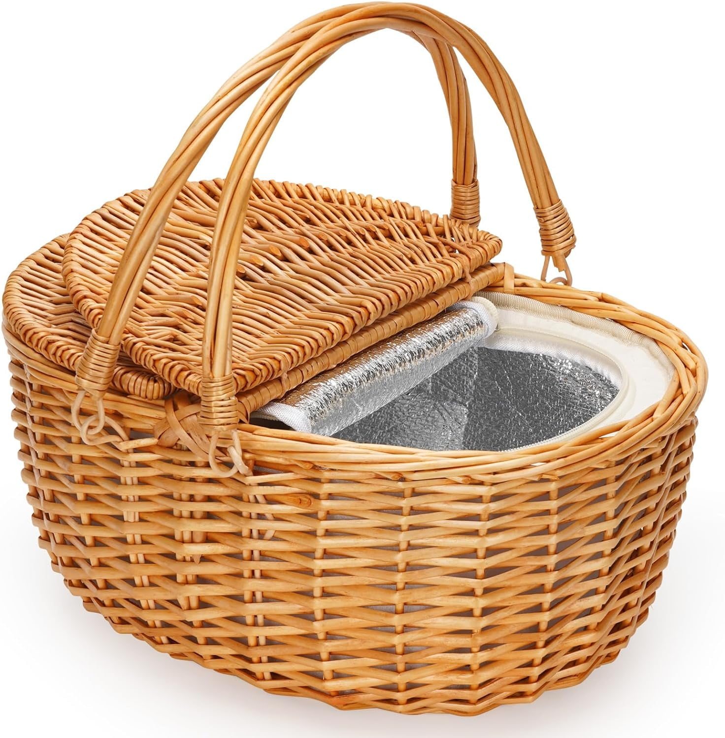 Wicker Picnic Basket with Liner, Wooden Split Lid Picnic Basket ...