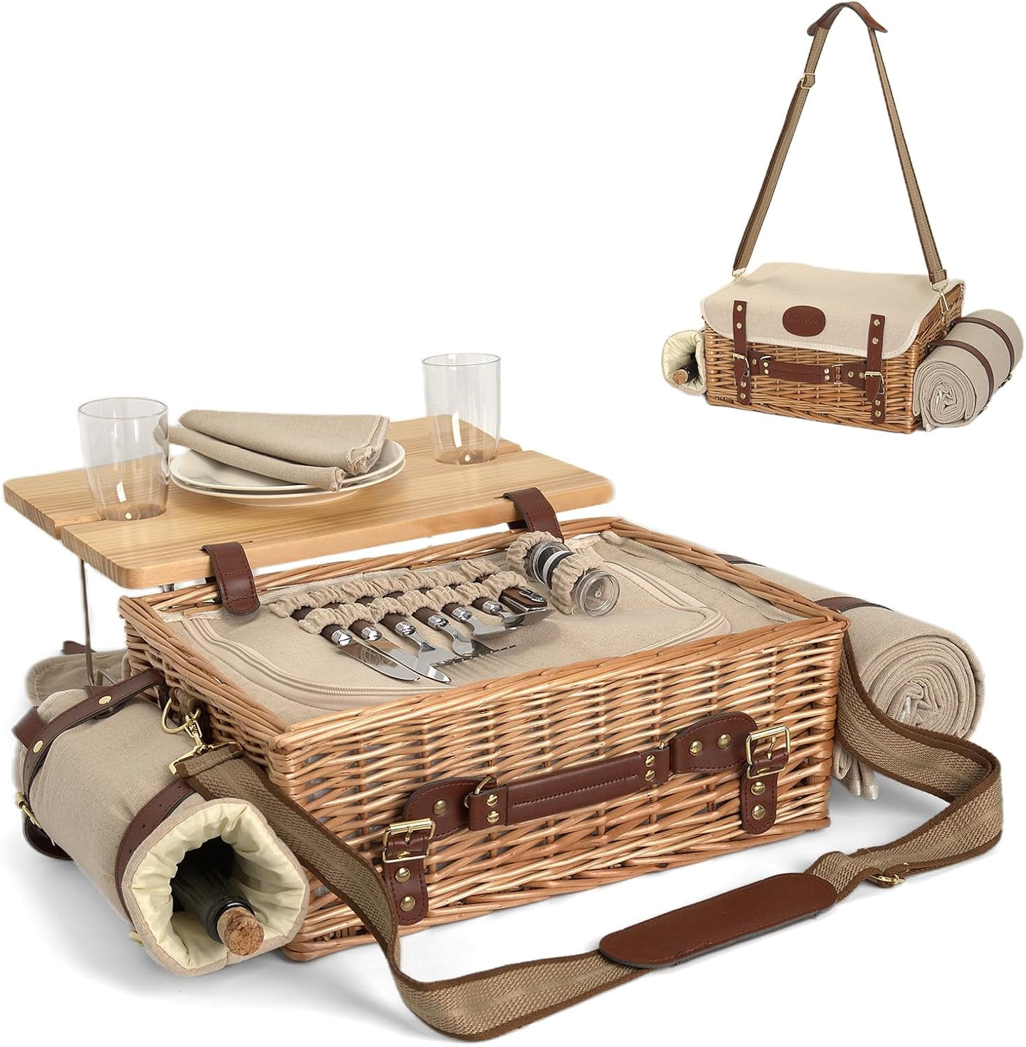 Wicker Picnic Basket Set for 2 with Blanket and Picnic Table, Insulated ...