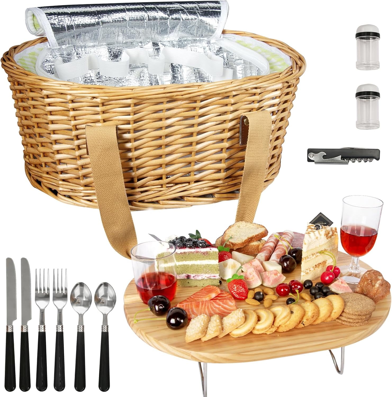 Wicker Picnic Basket Set for 2 with Mini Folding Wine Picnic Table ...