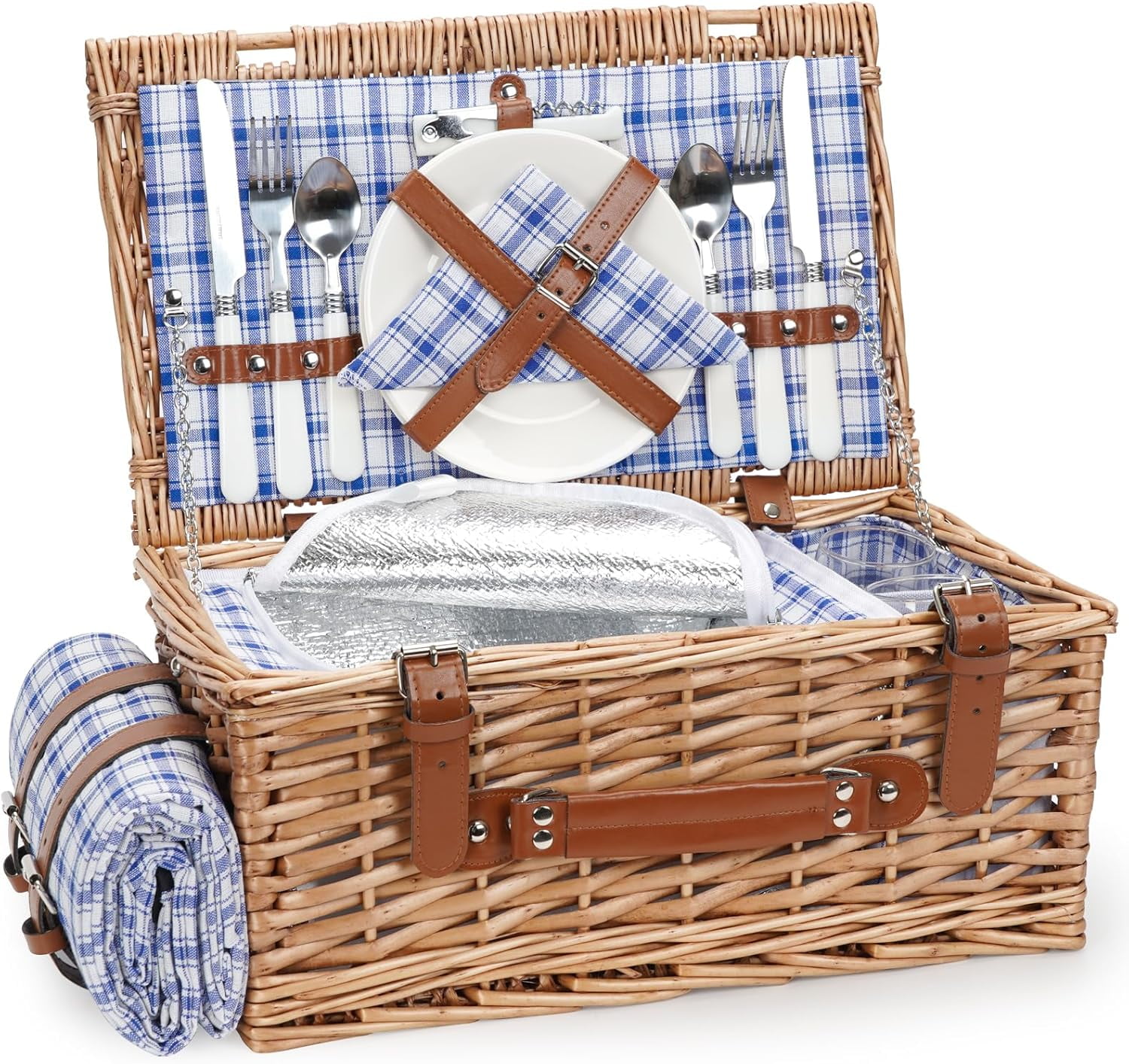 Wicker Picnic Basket Set for 2 Persons with Waterproof Picnic Blanket ...