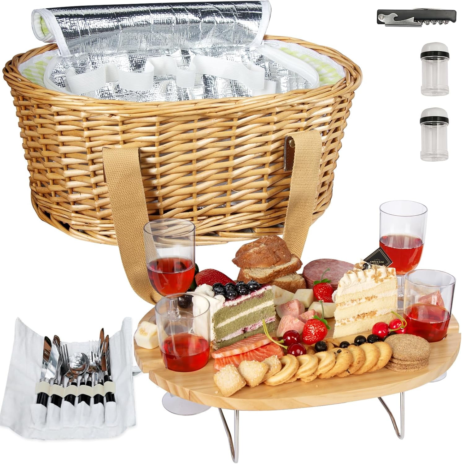 Wicker Picnic Basket Set for 4 with Mini Folding Wine Picnic Table ...