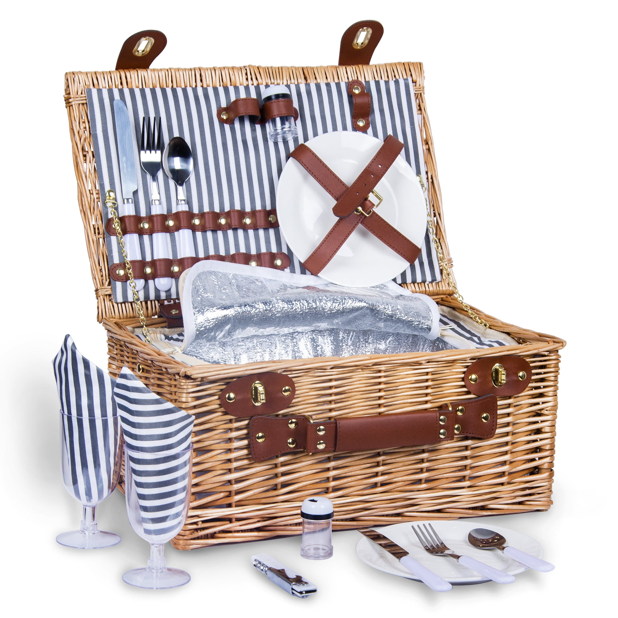 Large Wicker Picnic Basket Set for 2 with Insulated Cooler, Cutlery ...