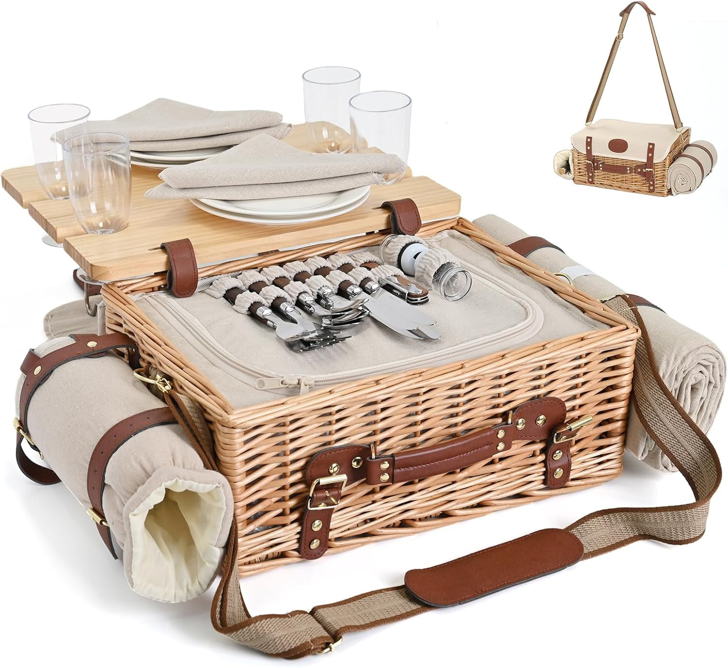 Wicker Picnic Basket Set for 4 with Blanket and Picnic Table, Insulated ...