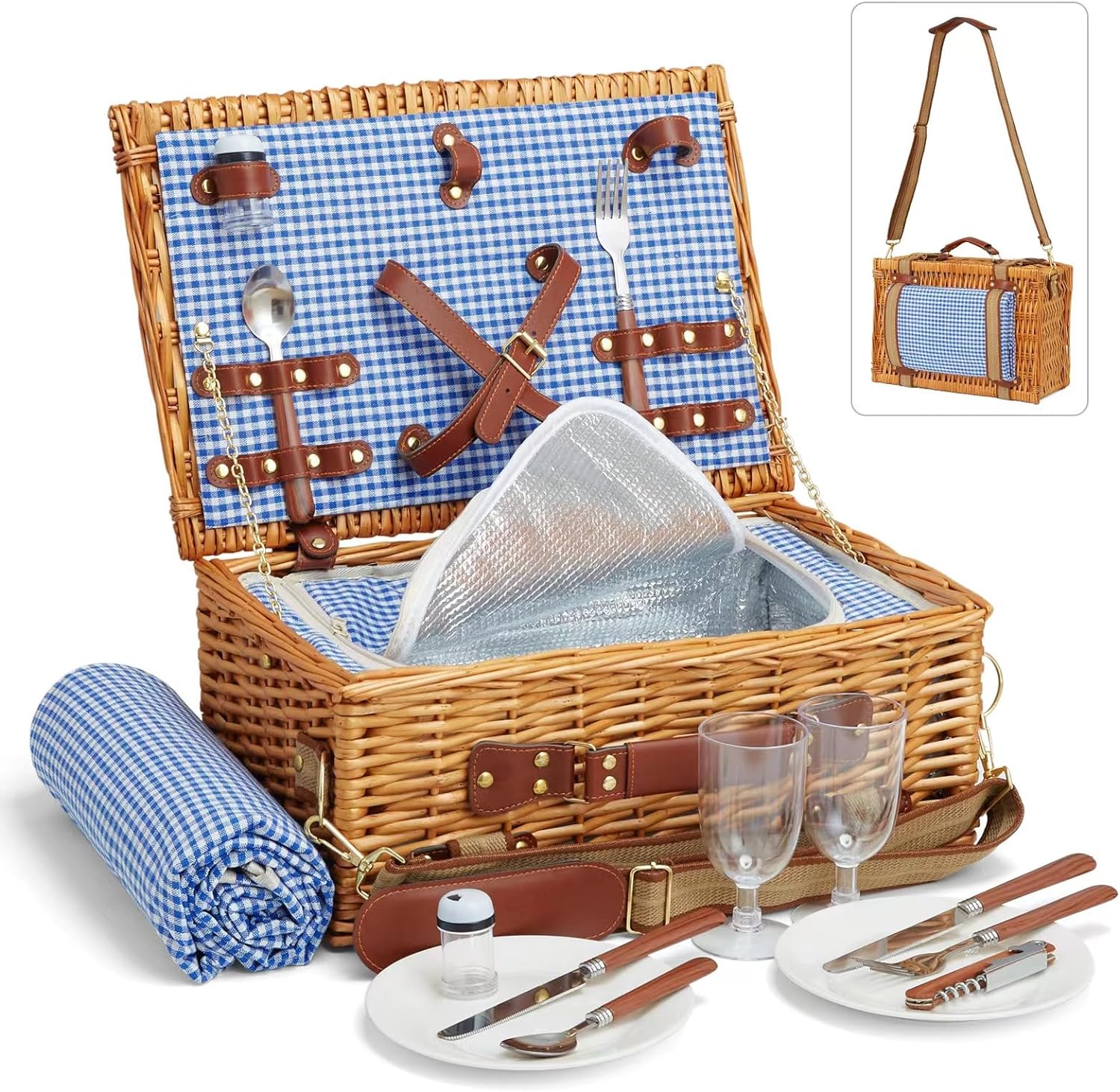 Wicker Picnic Basket set for 4 Person with Cooler Compartment and ...