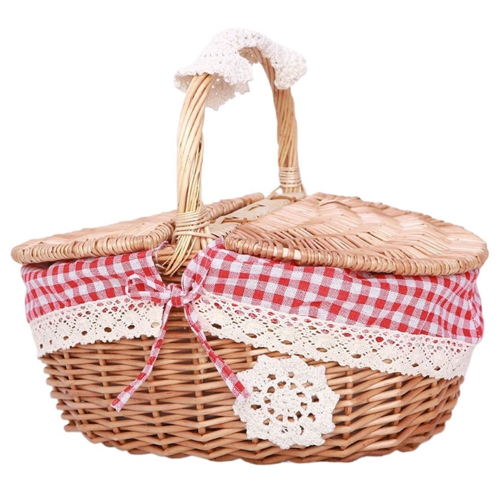 Wicker Picnic Basket with Lid and Handle, Sturdy Woven Body with ...