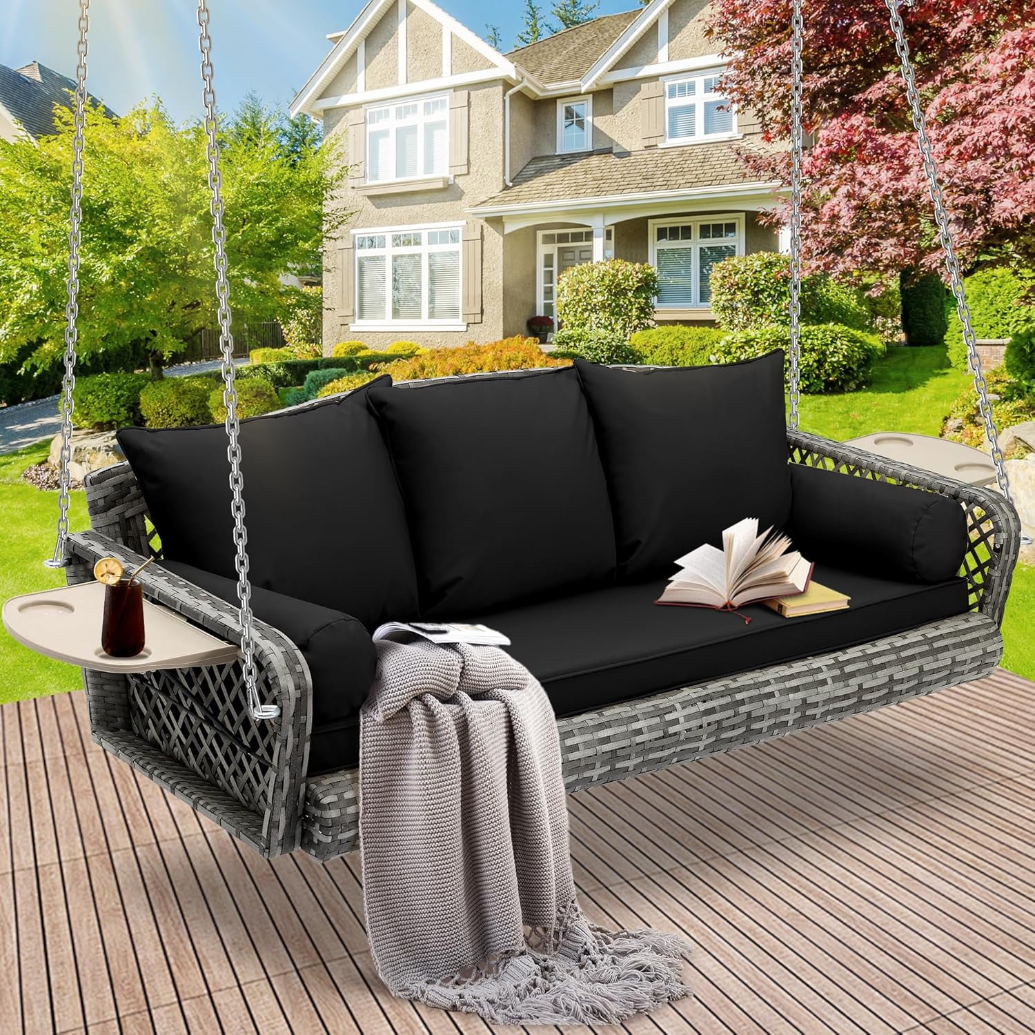 Wicker Porch Swing, 3-Seats Rattan Hanging Swing Chair, Patio Grey ...