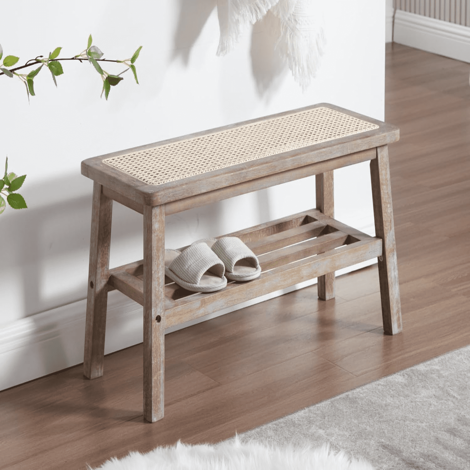 Wicker Rattan Entryway Bench GUBUONIP Indoor Wood Shoe Storage Bench ...
