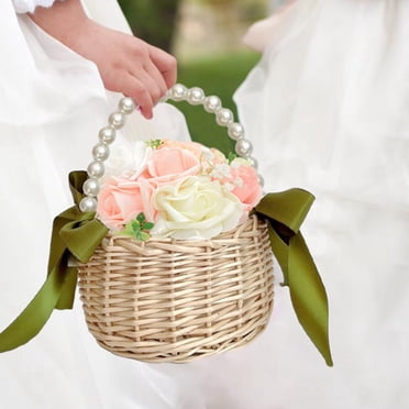 4 PCS White Pearl Flower Girl Baskets, Satin Bowknot, Beaded Holder ...
