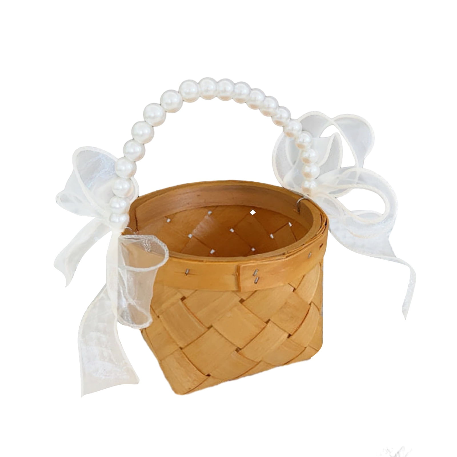 Wicker Rattan Flower Girl Basket with Bows,Pearl Handle Flower Girl ...