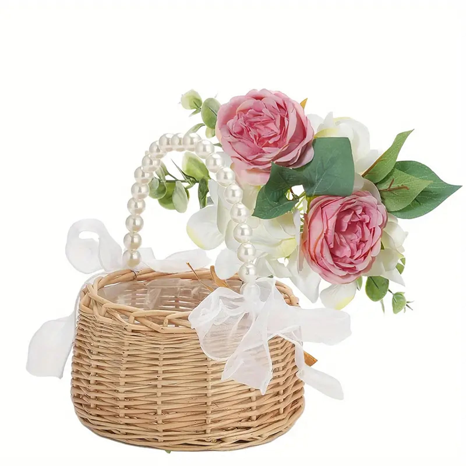 Wicker Rattan Flower Girl Basket with Bows,Pearl Handle Flower Girl ...