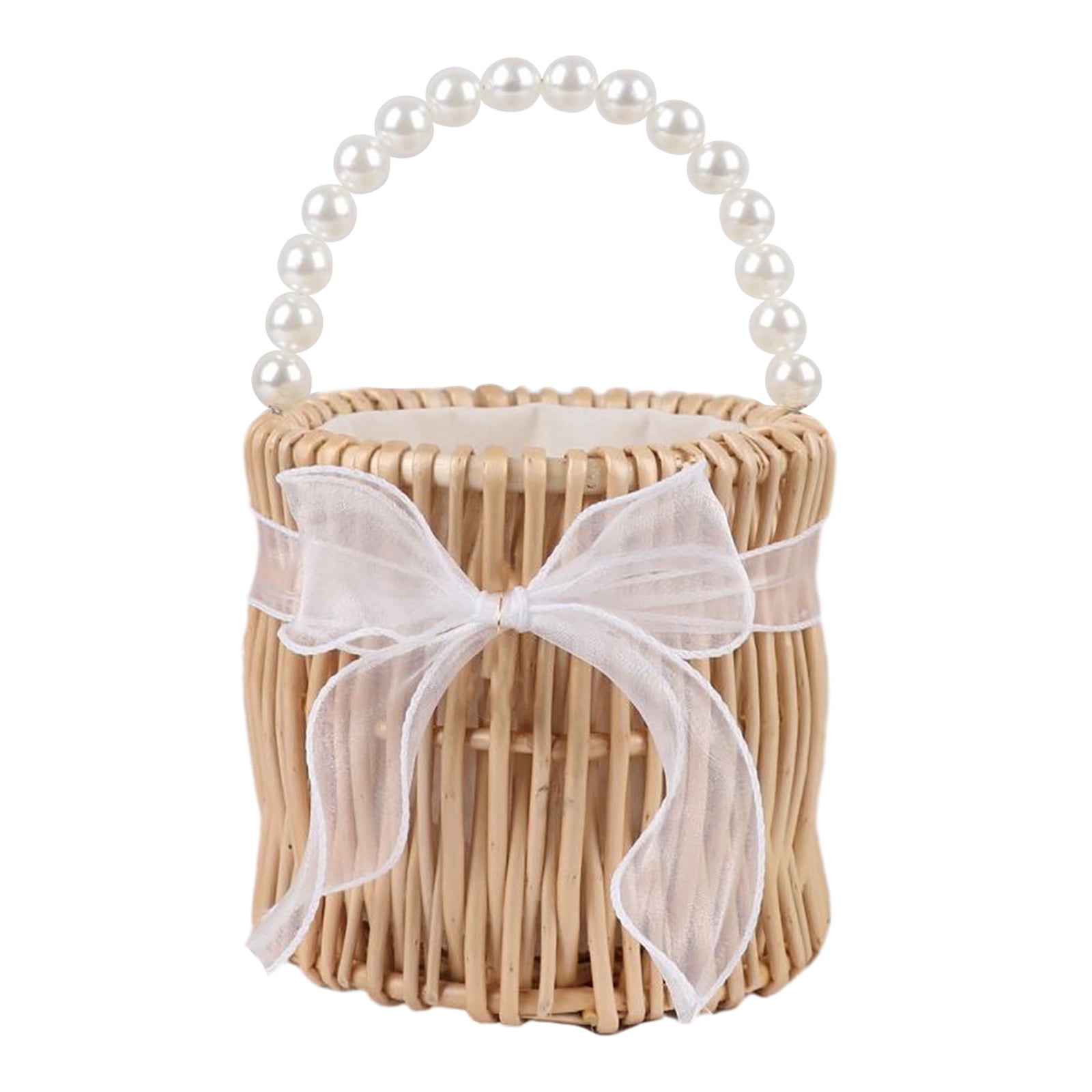 Wicker Rattan Flower Girl Basket with Bows,Pearl Handle Flower Girl ...