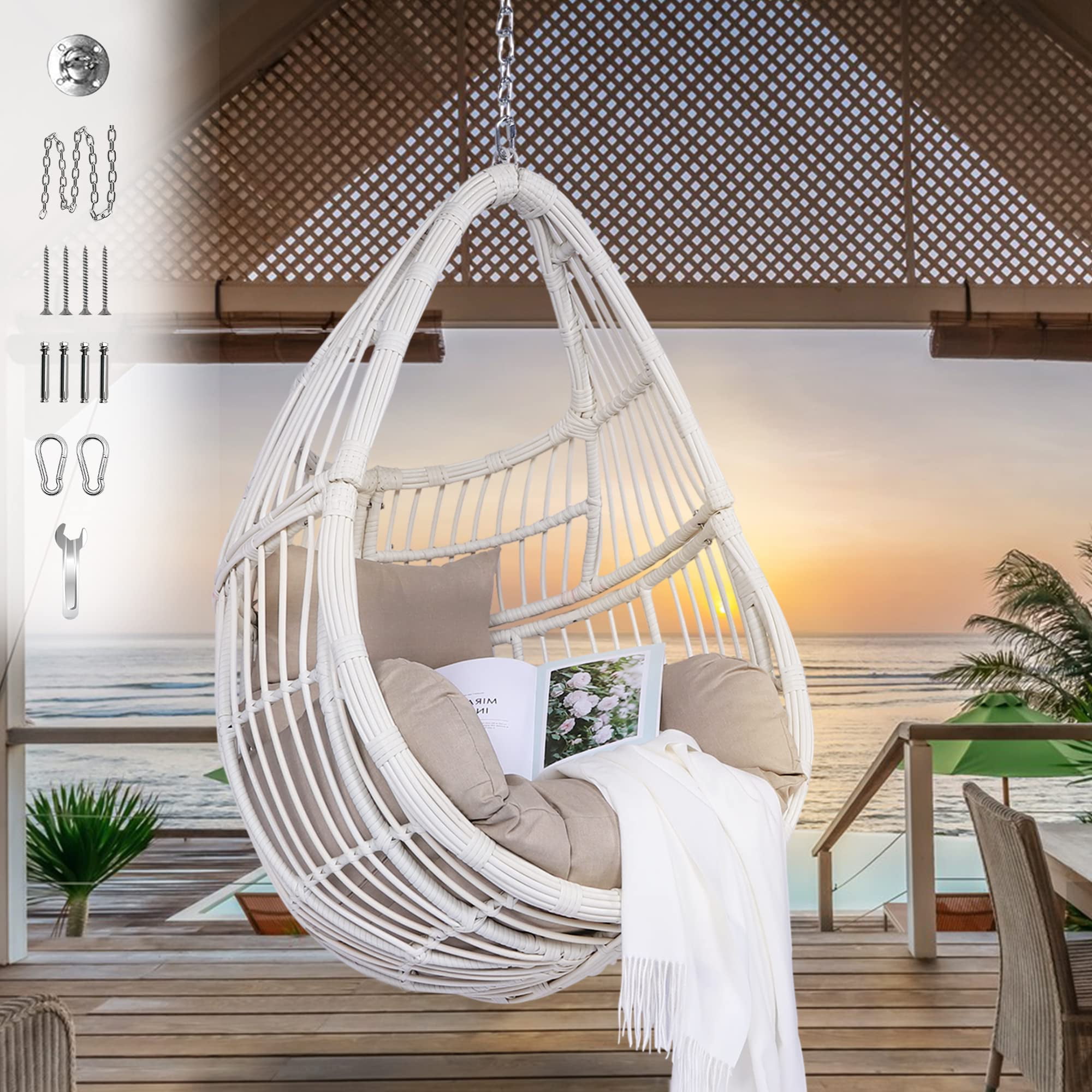 Wicker Rattan Hanging Swing Egg Chair, Aluminum Frame and UV Resistant ...