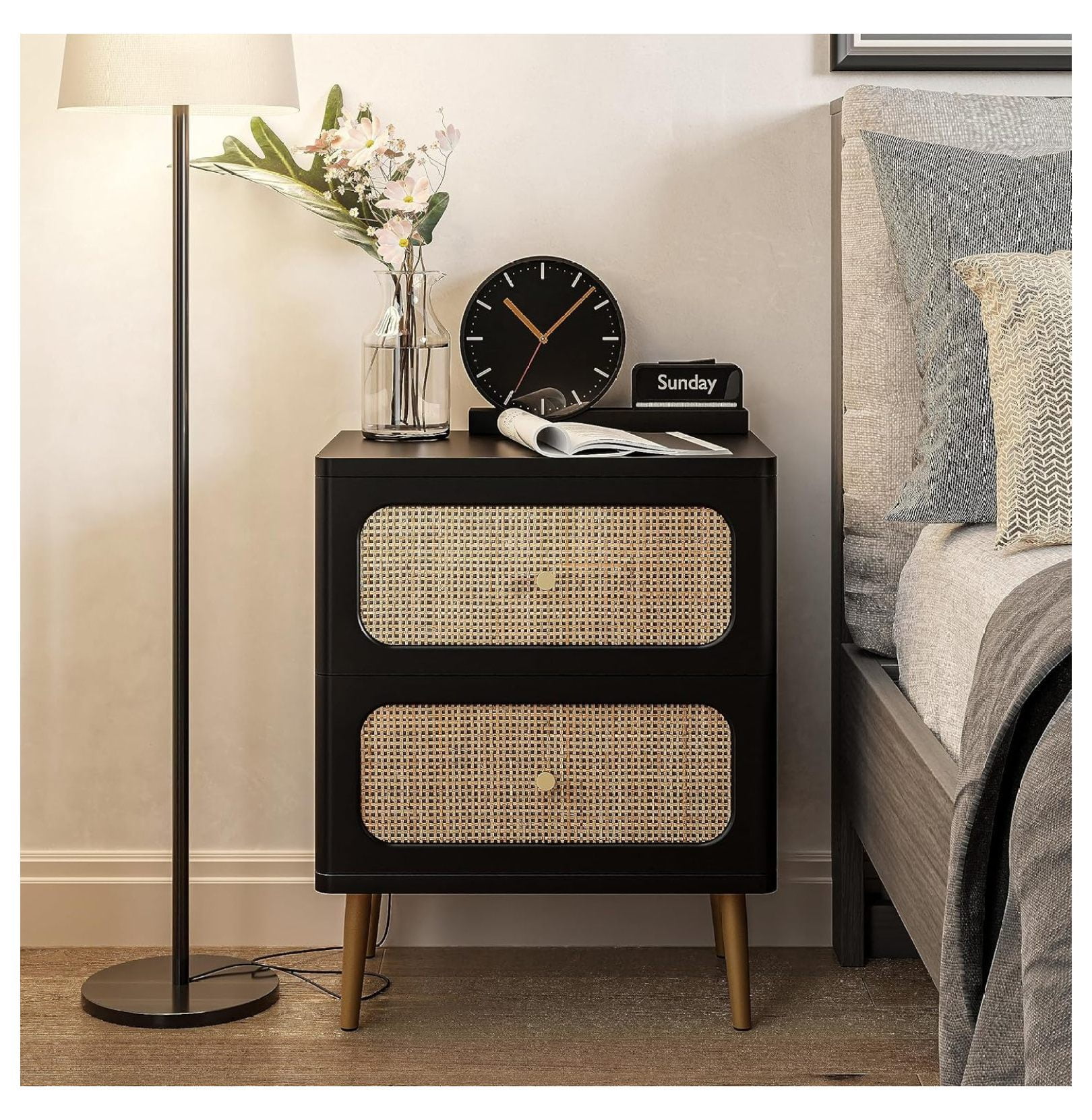 Wicker Rattan Nightstand, 2-Drawer End Table Black Finish Side Table ...