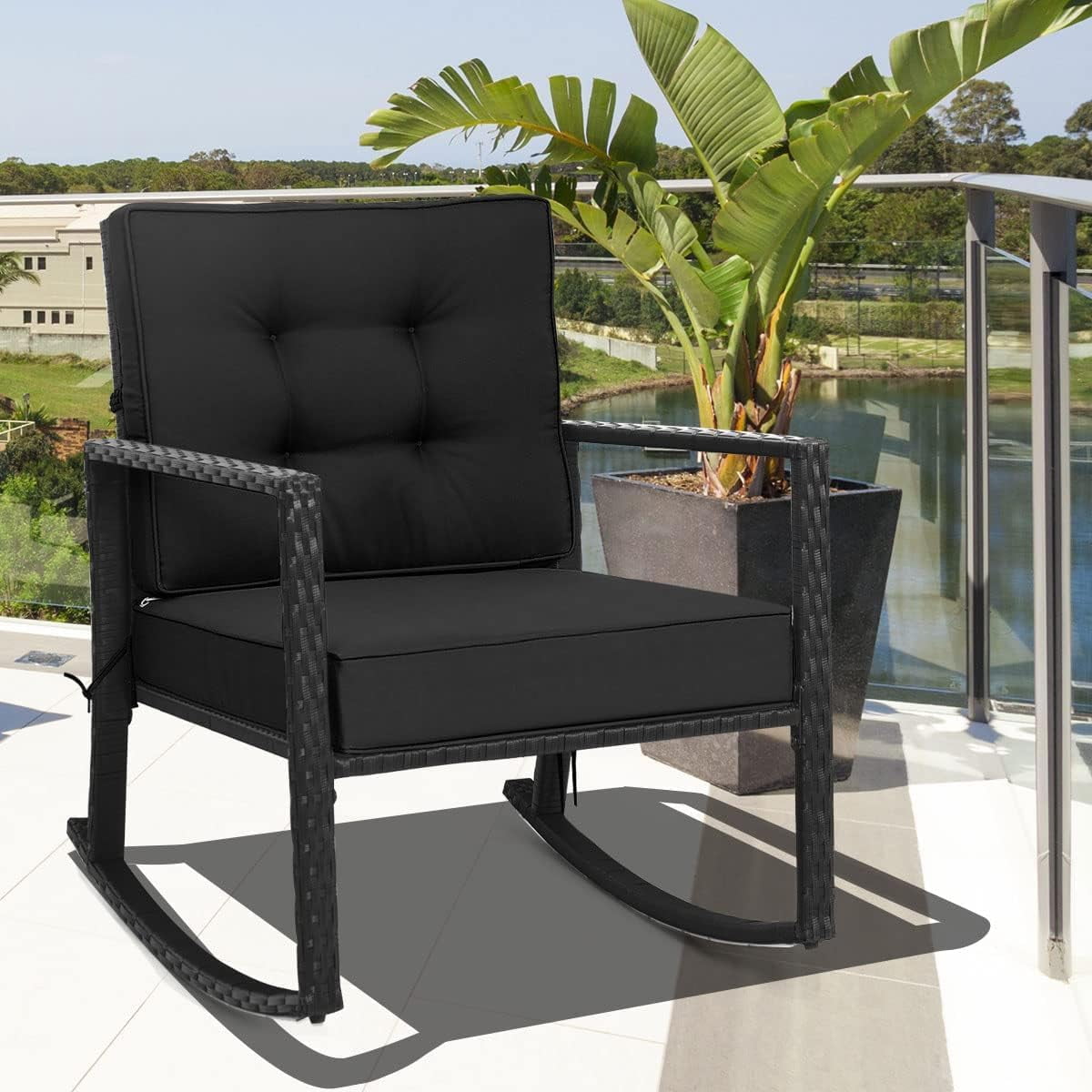 Wicker Rocking Chair, Outdoor Patio Glider Chair with Heavy-Duty Frame ...