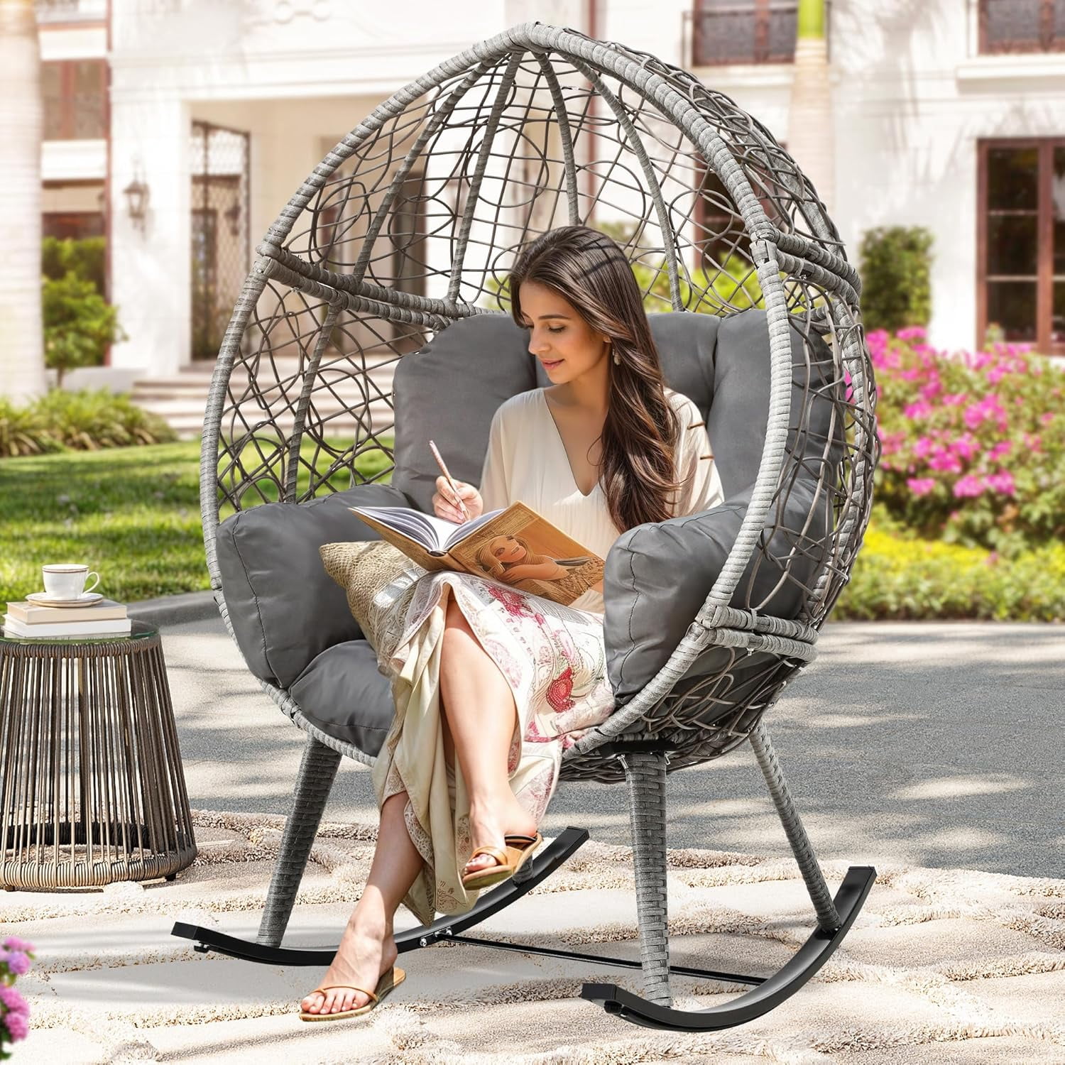 Wicker Rocking Egg Chair with Cushioned Comfort, Patio Rocker 250lb ...